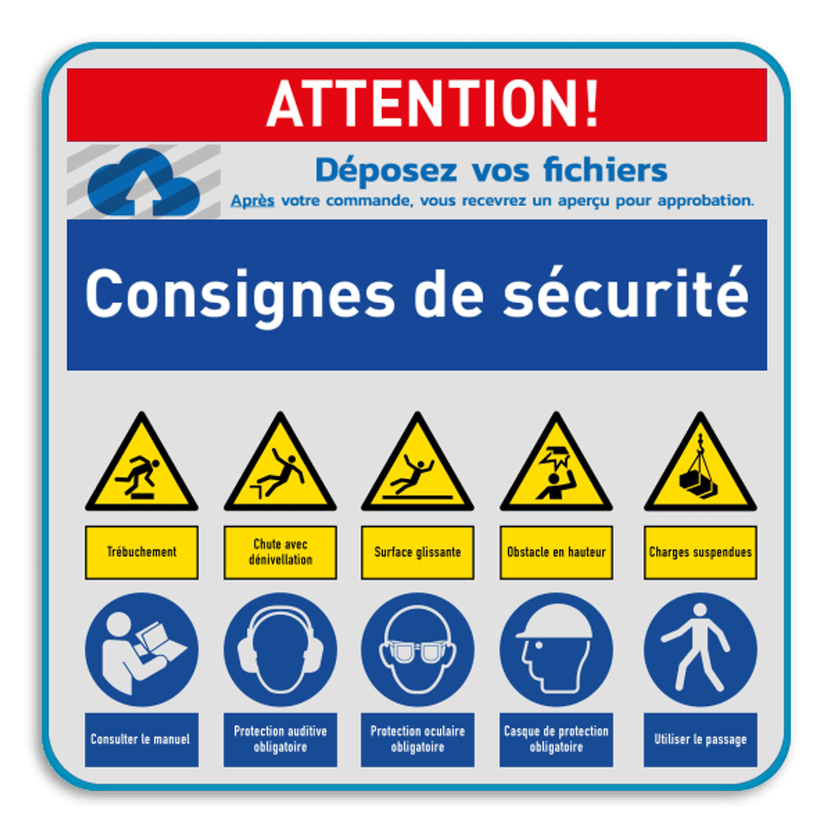 Panneau de sécurité avec instruction de sécurité et 10 pictogrammes