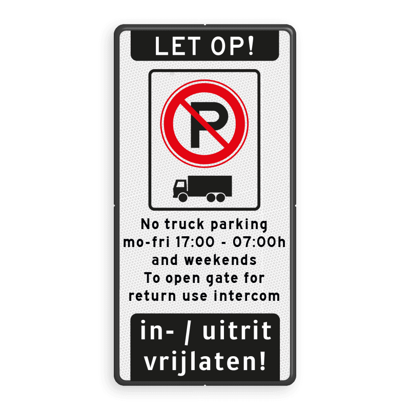 Bord parkeerverbod voor vrachtwagens met tekst kopen? Bestel hier!
