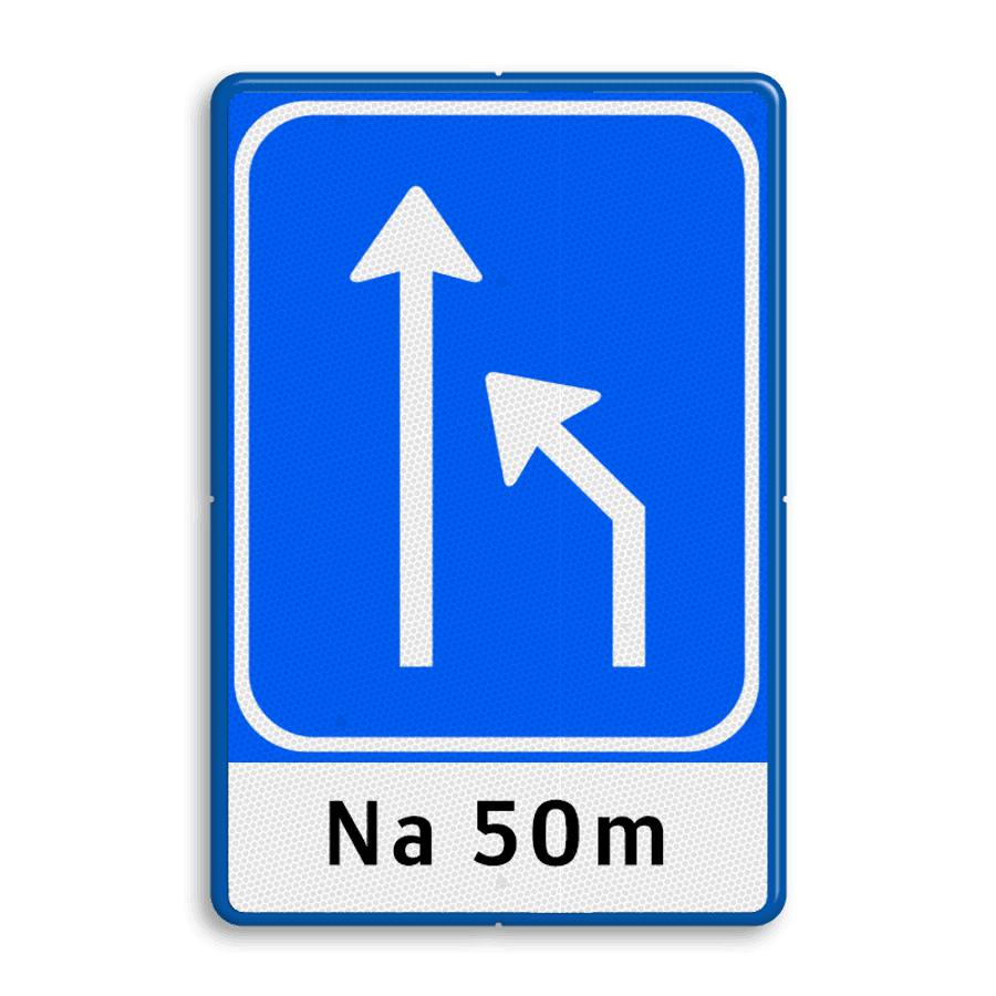Verkeersbord L02 + ondertekst, invoegen einde rijbaan + na 50 meter