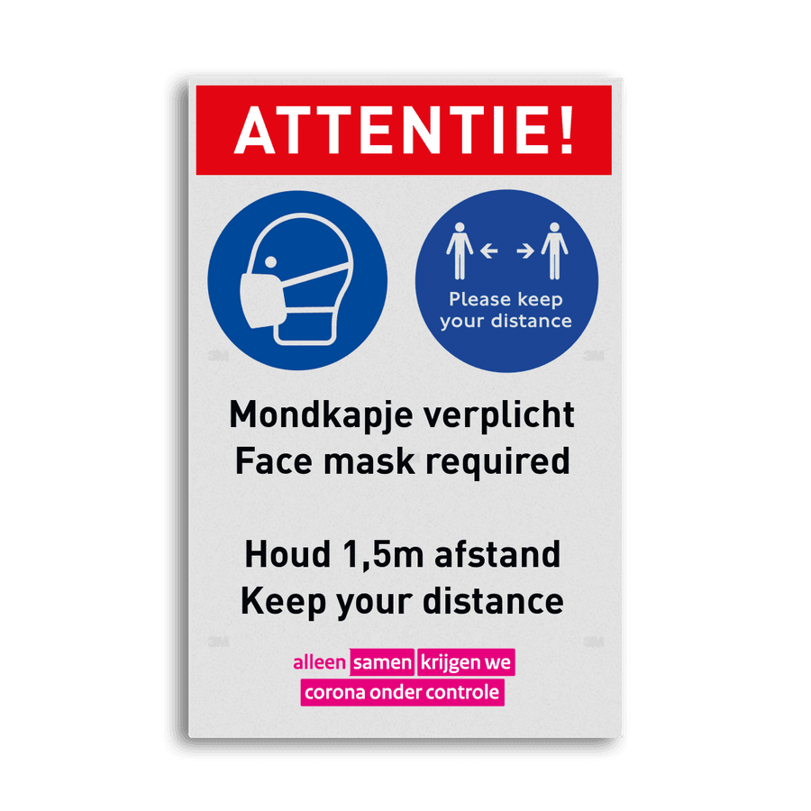 Bord mondkapje verplicht (face mask required) + keep your distance