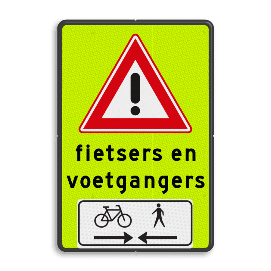 Verkeersbord pas op overstekende voetgangers en fietsers reflecterend