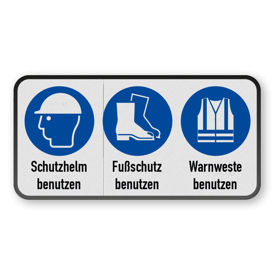 Gebotsschild Schutzhelm, Fußschutz und Warnweste benutzen kaufen?