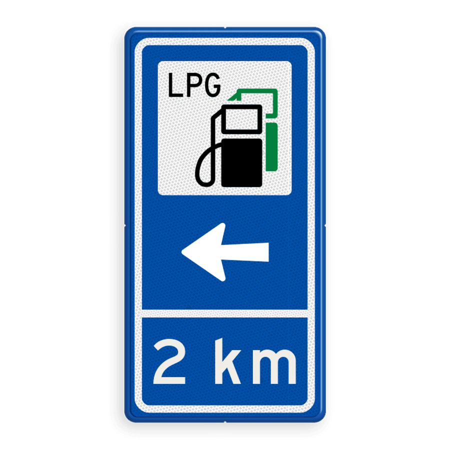 Verkeersbord aanduiding tankstation met LGP, pijl en afstand nodig?