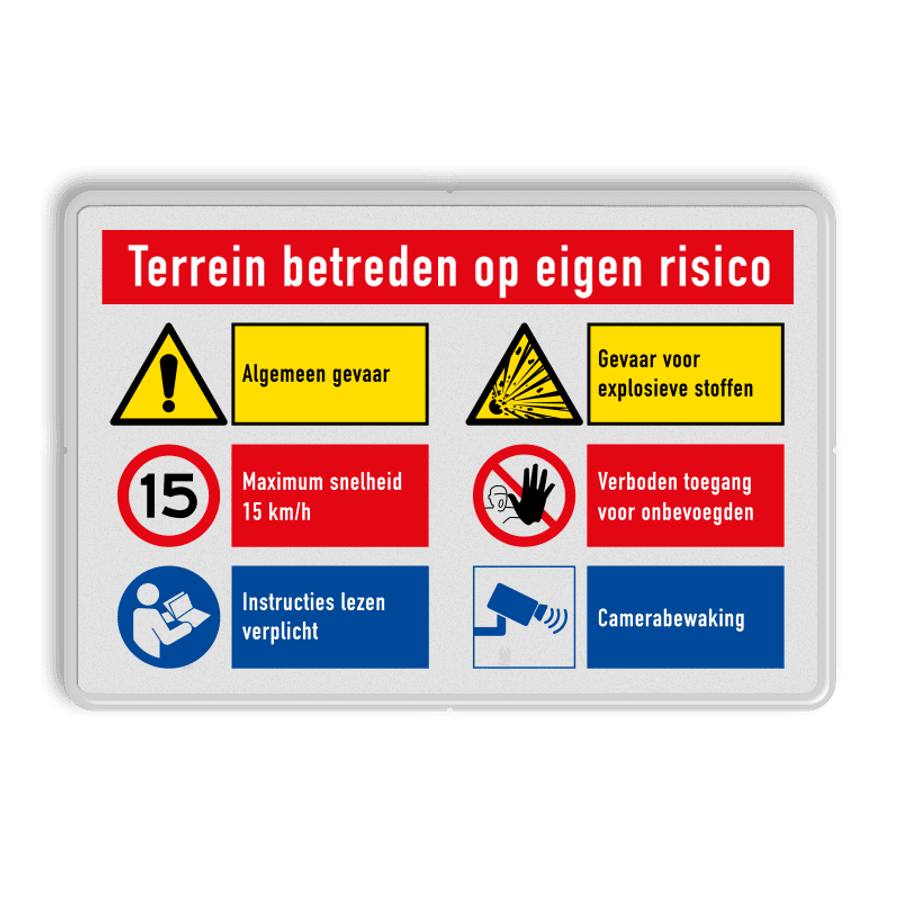 Toegangsbord met 6 veiligheidspictogrammen met tekst nodig?