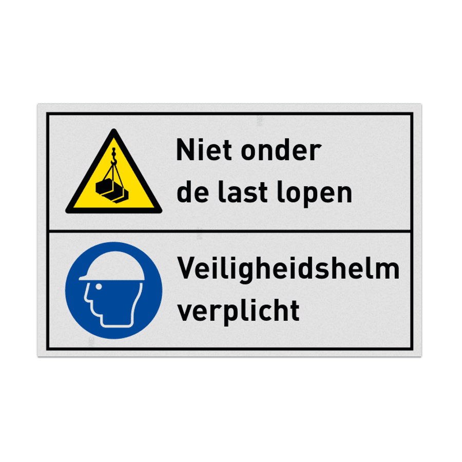 Bord of sticker niet onder de last lopen en helm verplicht